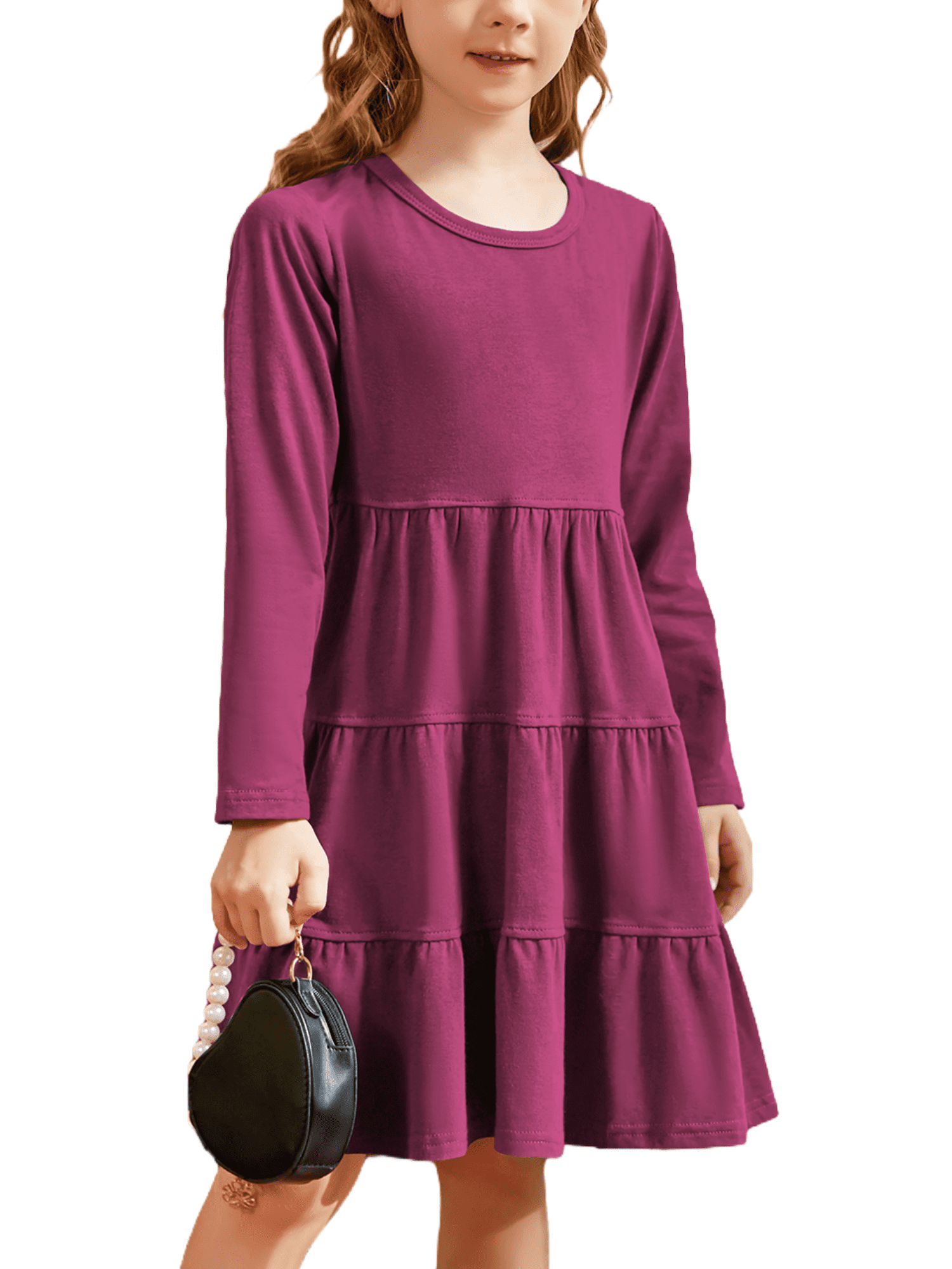 Oudiya Girls Long Sleeve Dress Tiered Flowy Sundress Fuchsia Midi Swing ...