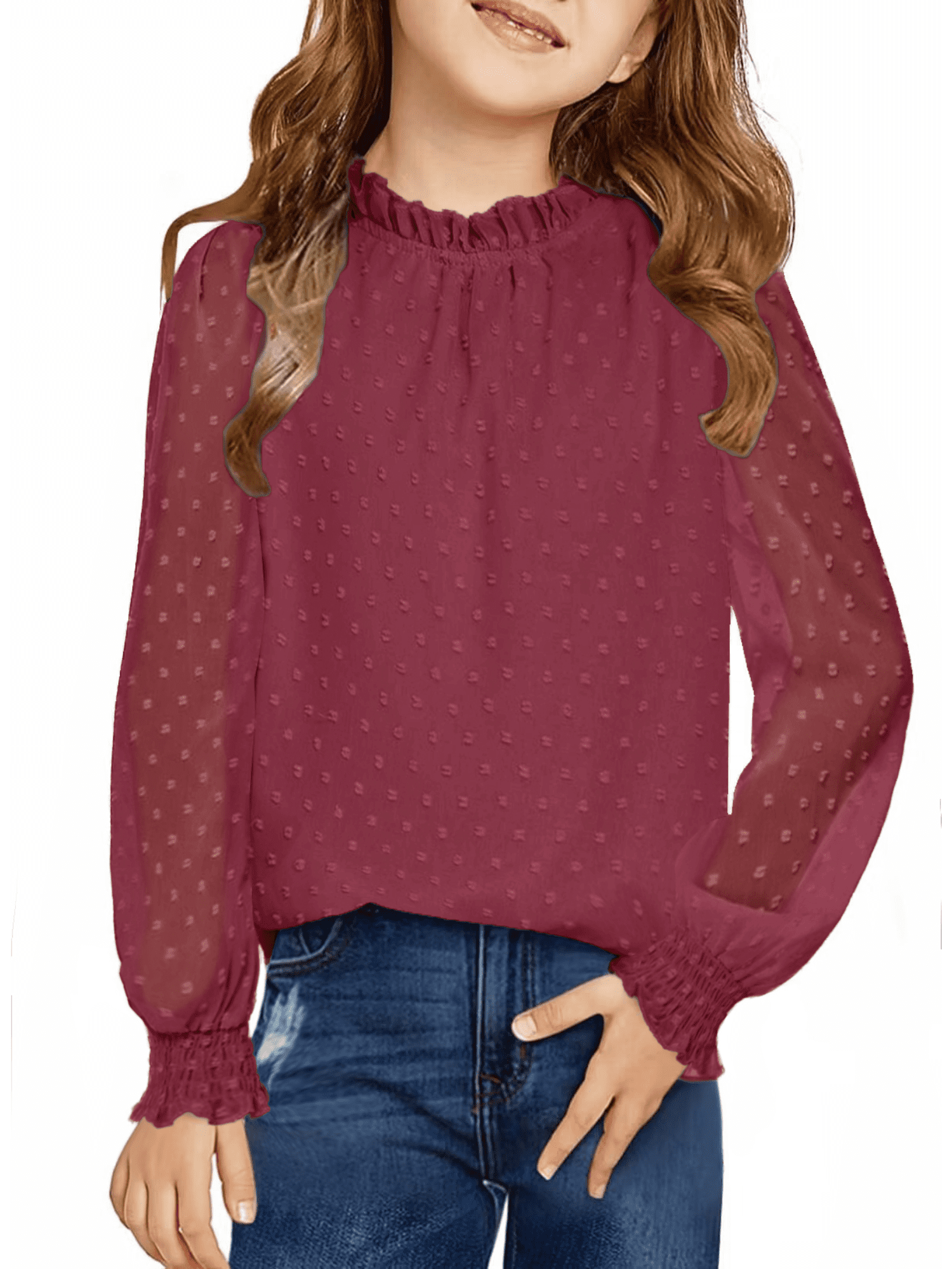 Oudiya Girls Long Sleeve Red Shirts Chiffon Swiss Dot Blouses Frill ...