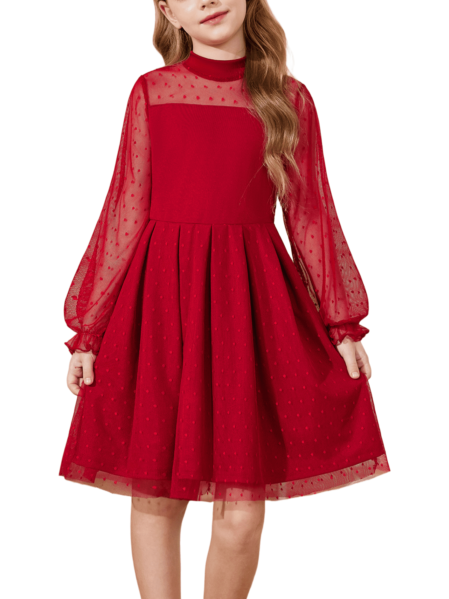 Oudiya Girls Mesh Puff Lantern Long Sleeve Red Dress Mock Neck Formal ...