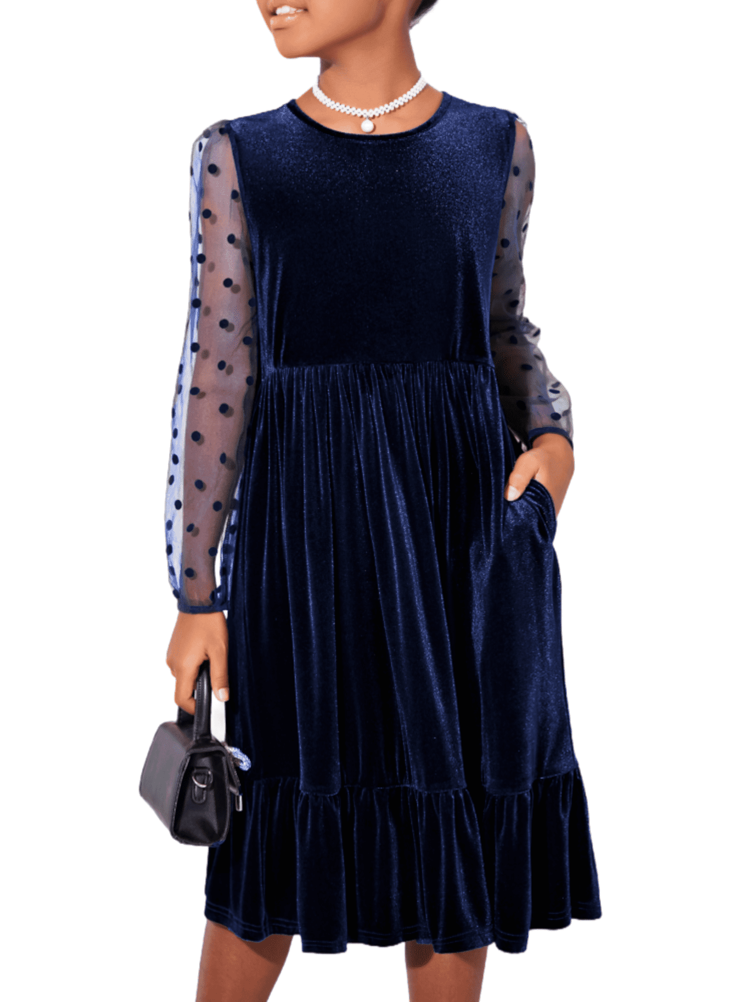 Oudiya Girls Midi Dresses Contrast Mesh Long Sleeve Velvet A-Line ...