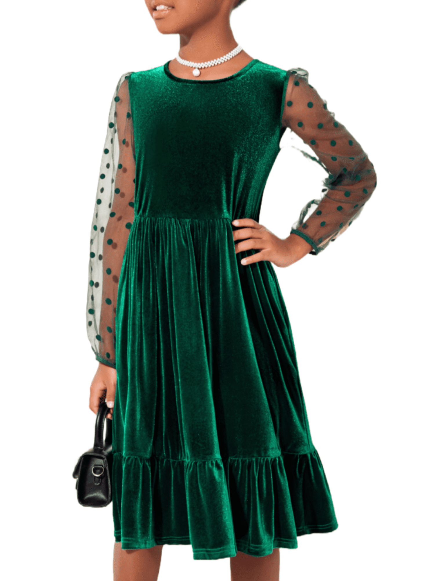 Oudiya Girls Midi Dresses Contrast Mesh Long Sleeve Velvet A-Line ...