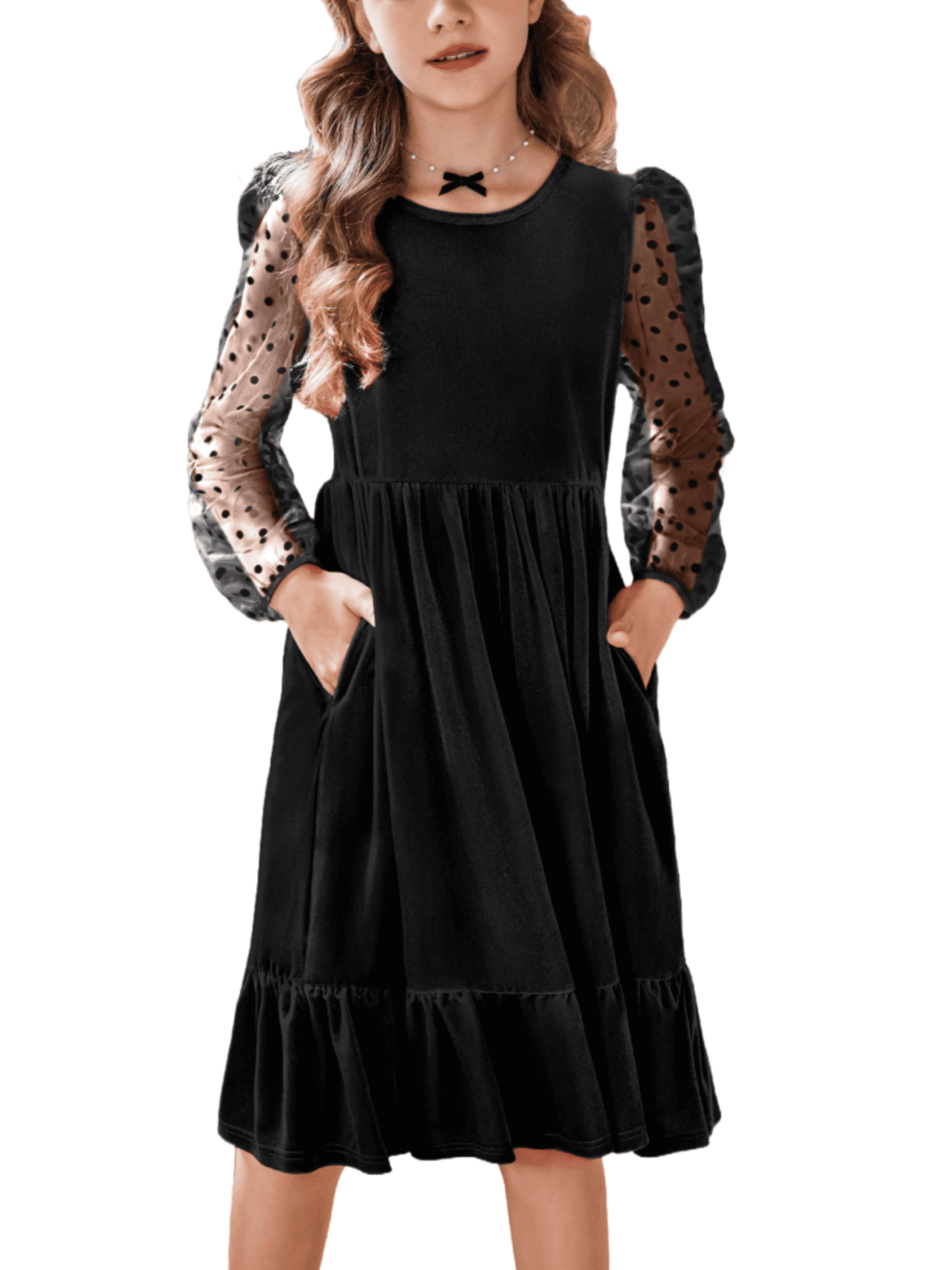 Oudiya Girls Midi Dresses Contrast Mesh Long Sleeve Velvet A-Line ...