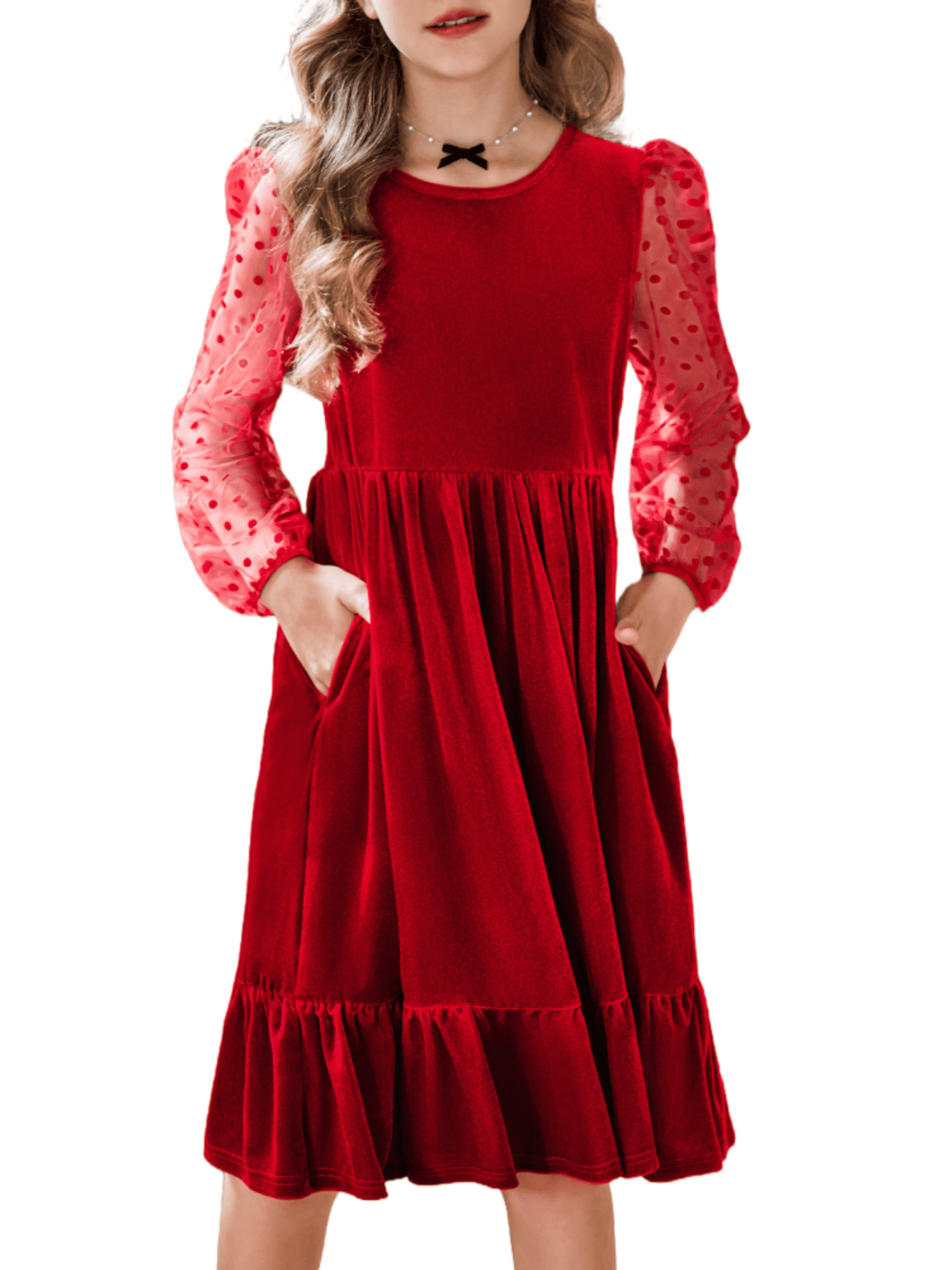 Oudiya Girls Midi Dresses Contrast Mesh Long Sleeve Velvet A-Line ...