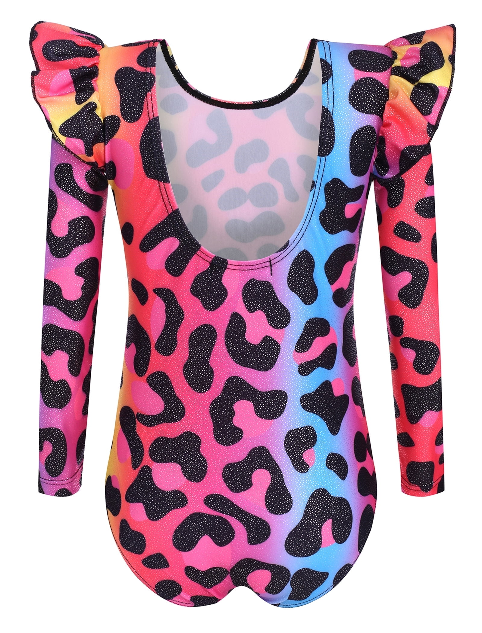 Oudiya Girls Ruffle Long Sleeve Gymnastics Leotard Low Back Glitter ...