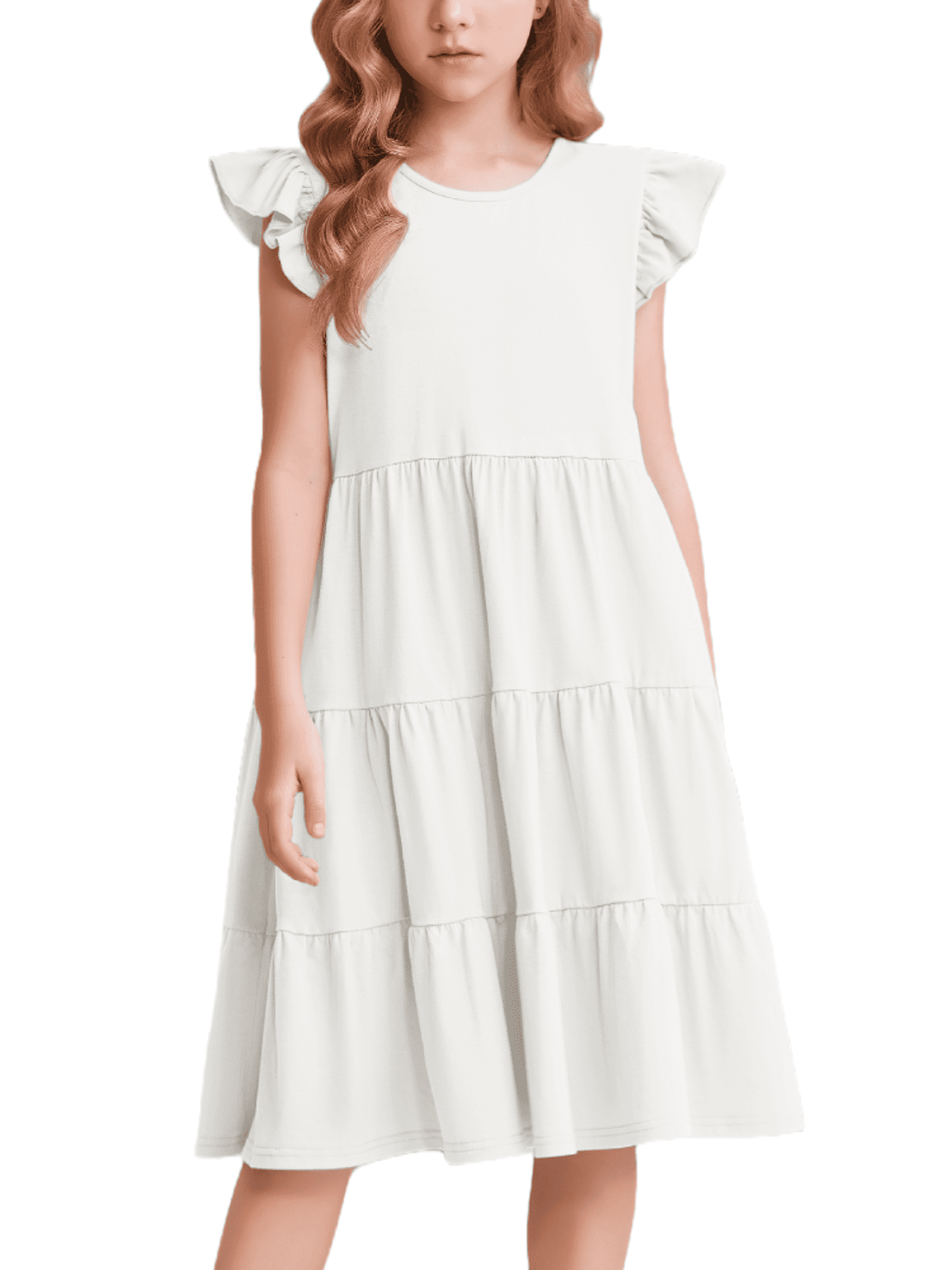 Oudiya Girls Summer White Dress Ruffle Sleeve Tiered Swing Casual Midi ...