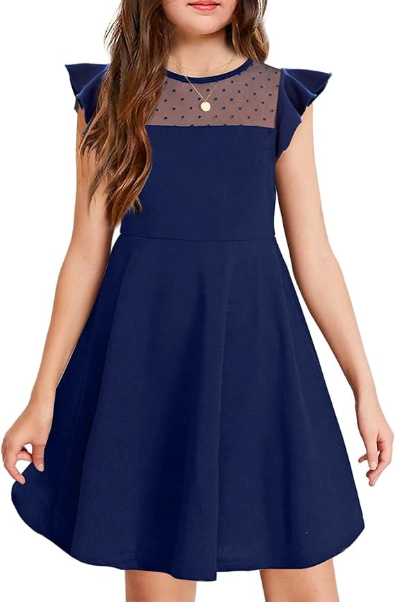 Oudiya Girls Summer Navy Blue Dress Ruffle Sleeve Mesh A Line Casual ...