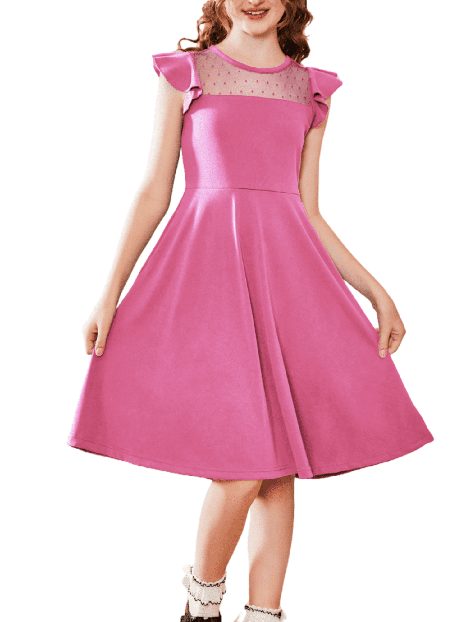 Oudiya Girls Summer Pink Dress Ruffle Sleeve Mesh A Line Casual Party ...