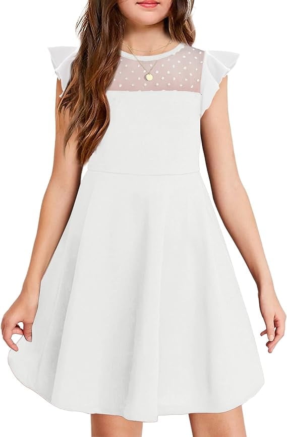 Oudiya Girls Summer White Dress Ruffle Sleeve Mesh A Line Casual Party ...