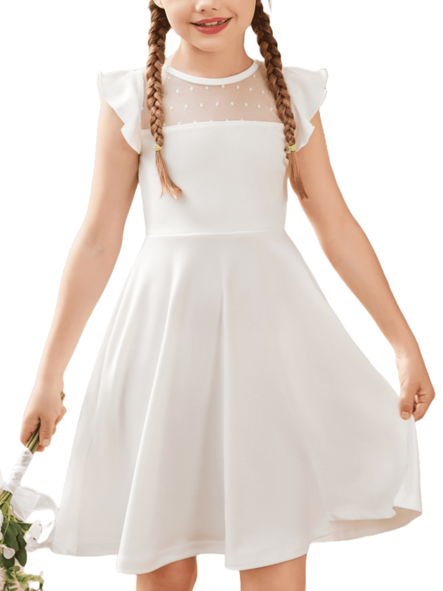 Oudiya Girls Summer White Dress Ruffle Sleeve Mesh A Line Casual Party ...