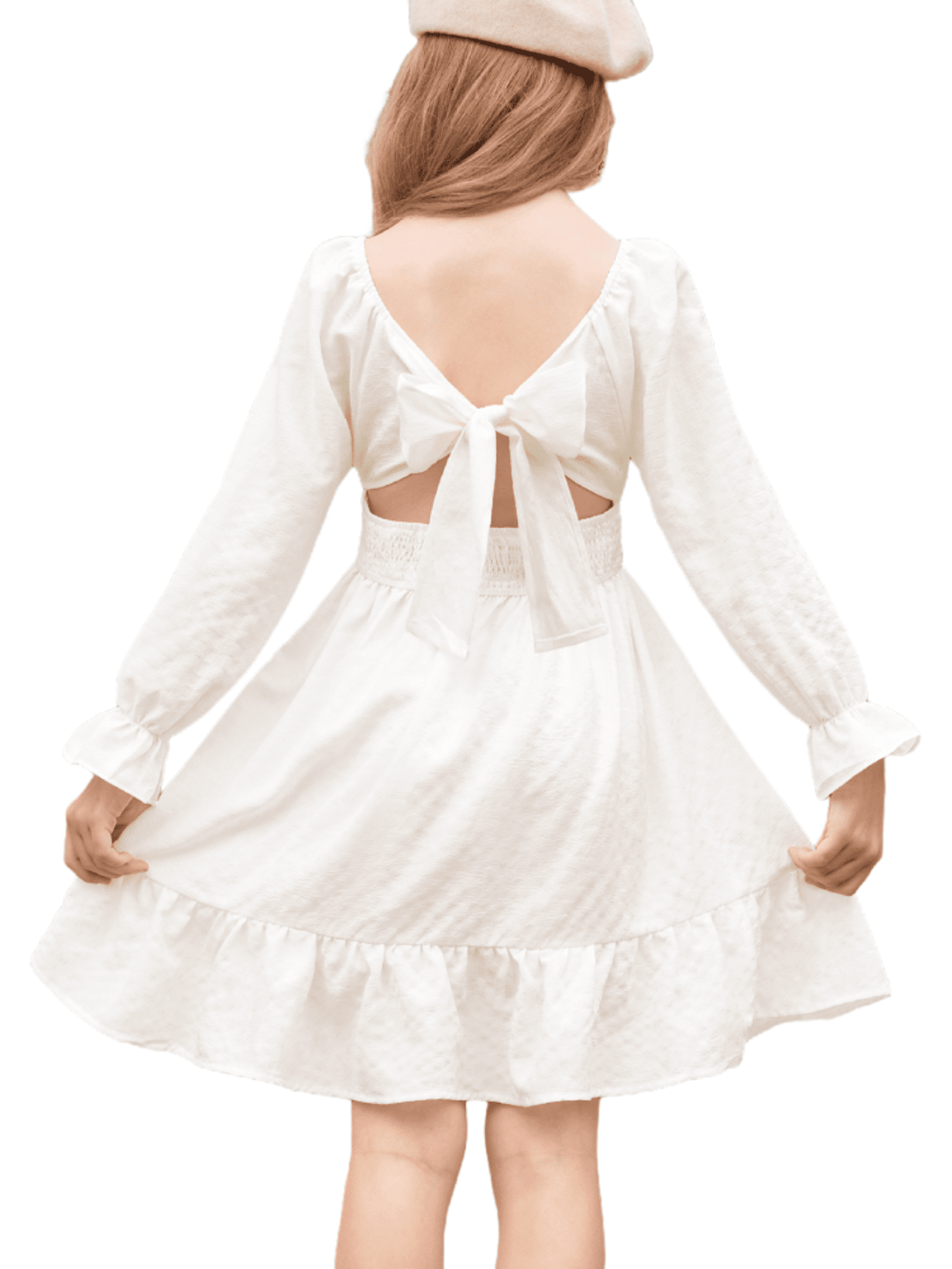 Oudiya Girls Tie Back Long Sleeve Dress Ruffle Hem Off Shoulder Elegant ...