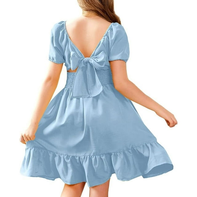 Oudiya Girls Tie Back Short Sleeve Dress Ruffle Hem Off Shoulder Boho ...