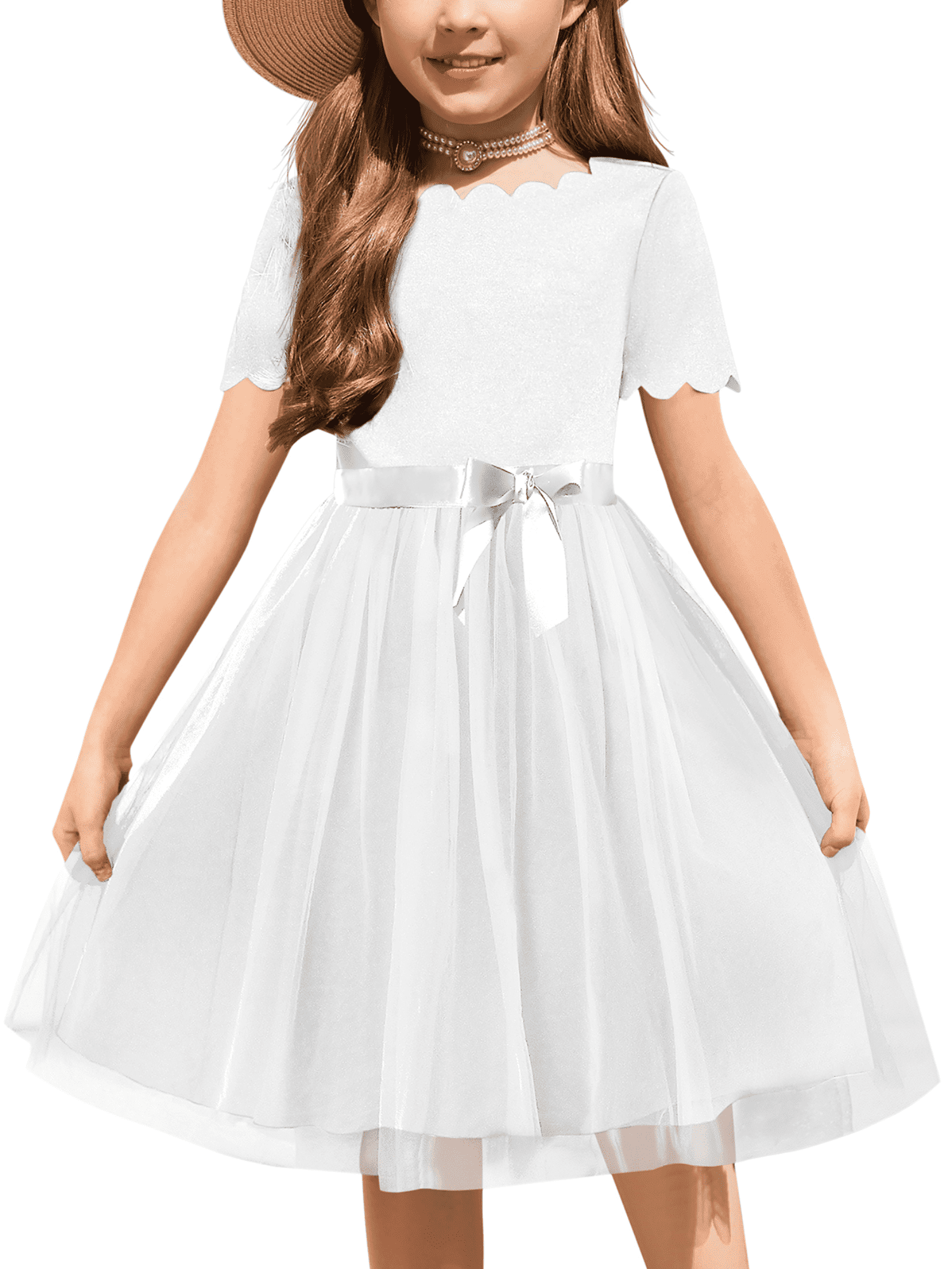 Oudiya Girls Tutu Belted Fluffy White Dress Summer Party Wedding Flower ...