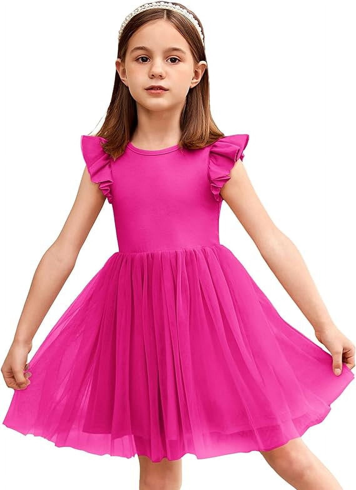Oudiya Toddler Girls Tutu Pink Dress Fluffy Ruffle Sleeve Dresses ...