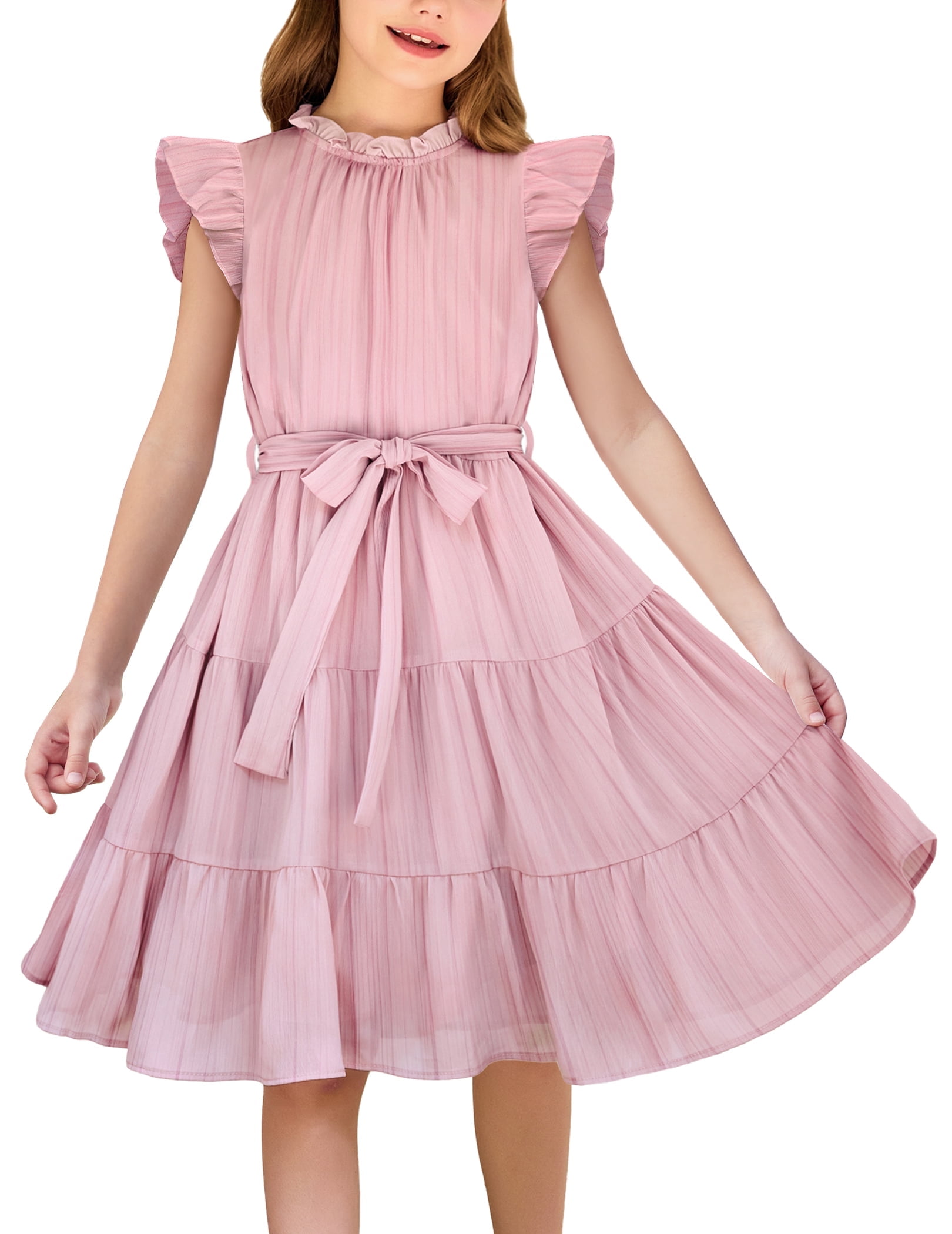 Oudiya Tween Girls Spring Dress Casual Ruffle Sleeve with Belt A Line ...
