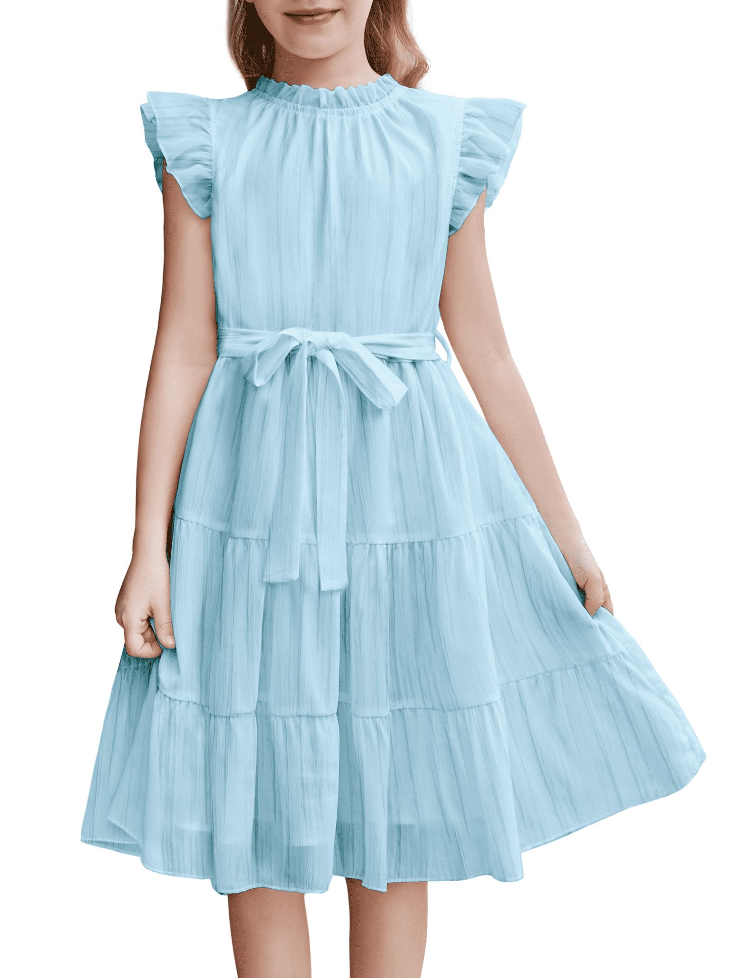 Oudiya Tween Girls Spring Dress Casual Ruffle Sleeve with Belt A Line ...