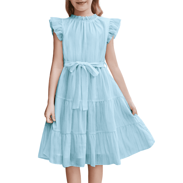 Oudiya Tween Girls Spring Dress Casual Ruffle Sleeve with Belt A Line ...