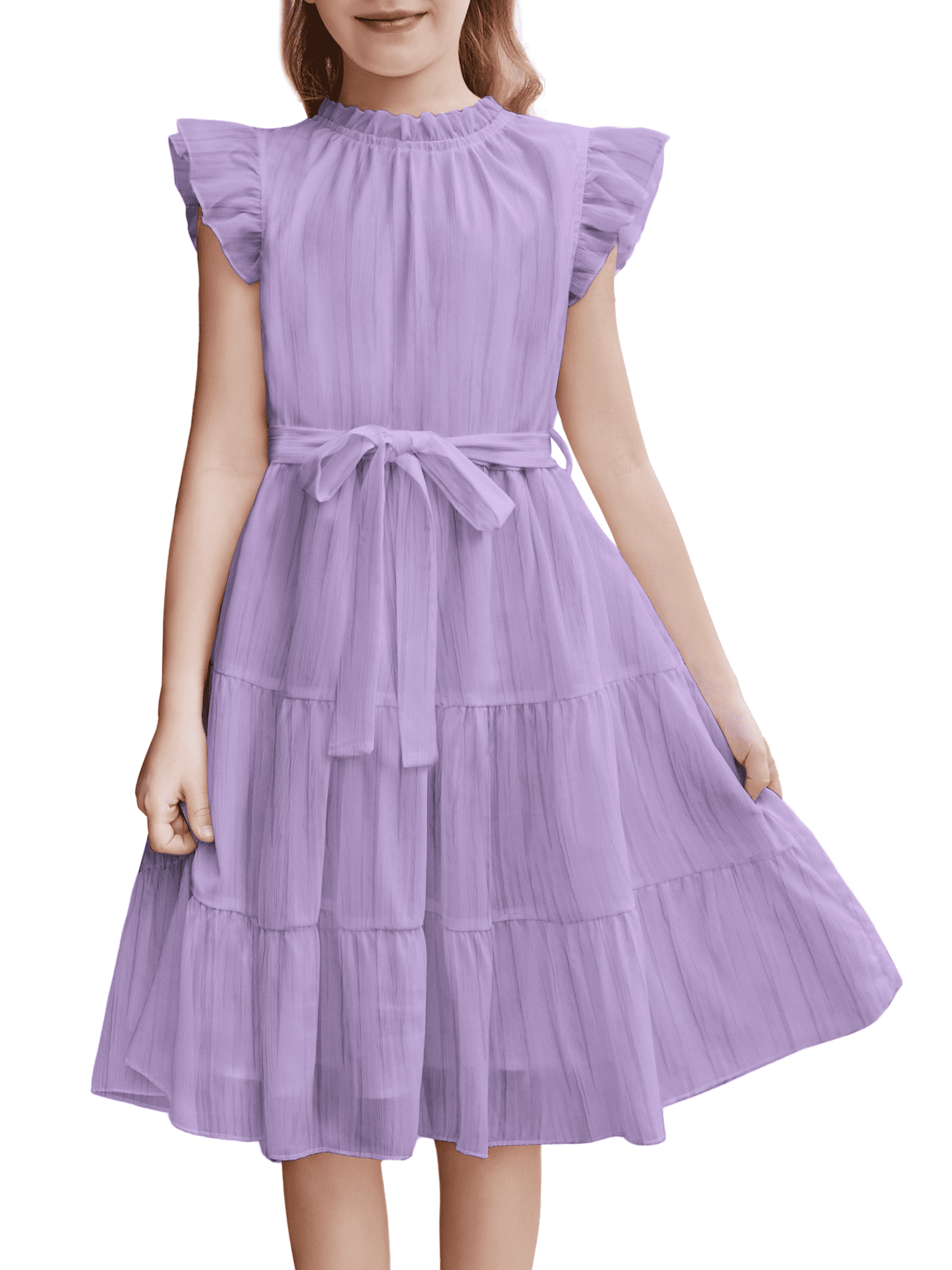 Oudiya Tween Girls Spring Dress Casual Ruffle Sleeve with Belt A Line ...