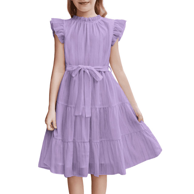 Oudiya Tween Girls Spring Dress Casual Ruffle Sleeve with Belt A Line ...