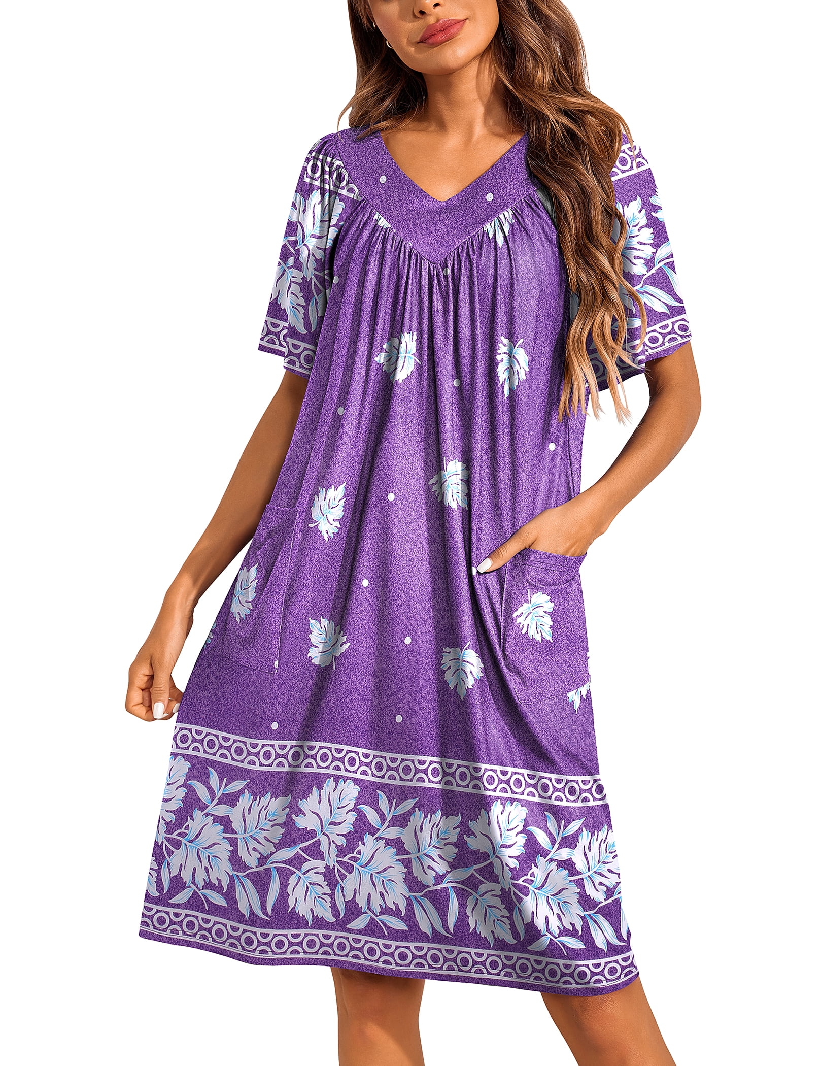 Oudiya Womens Mumus House Dress Floral Print Short Sleeve Nightgowns ...