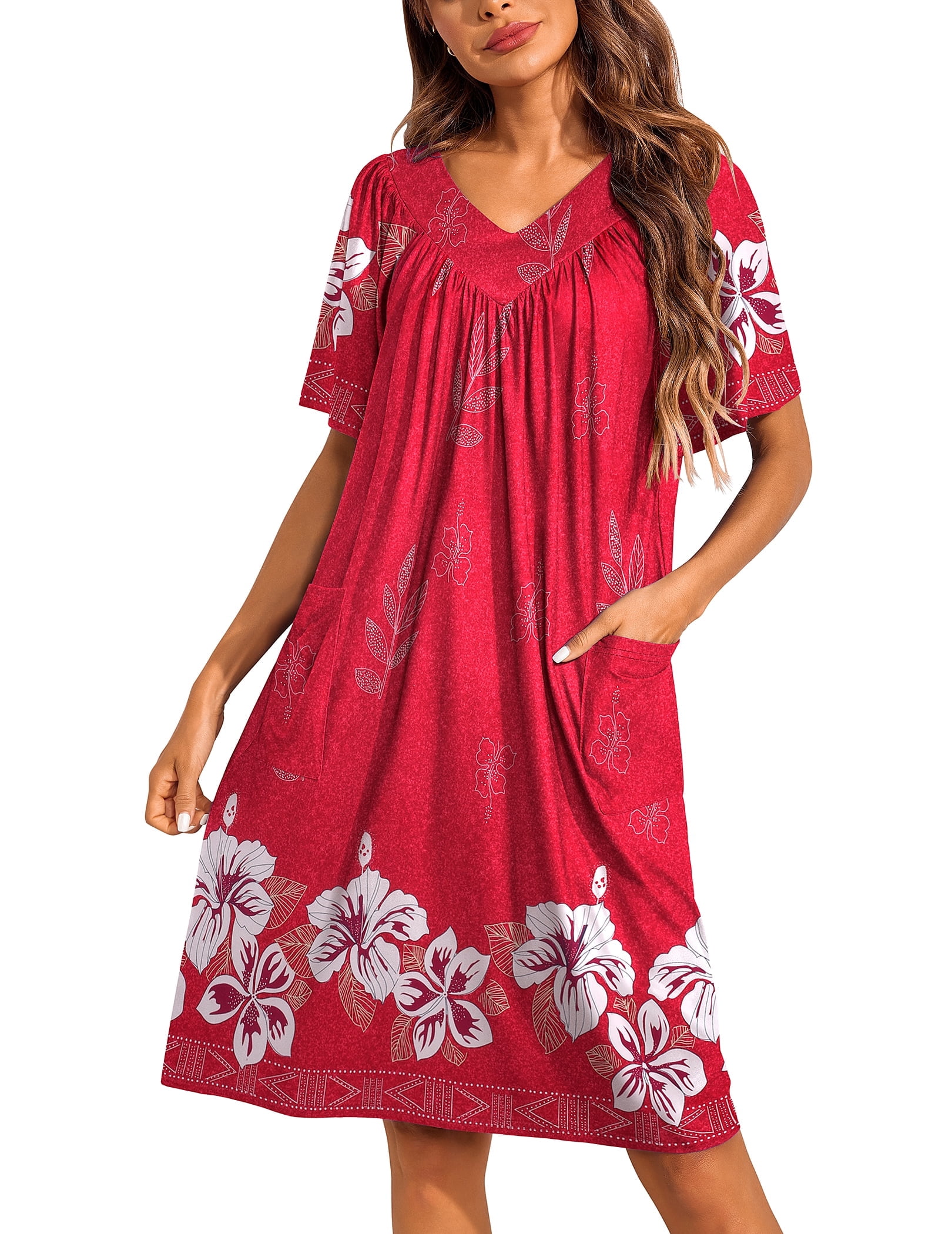 Oudiya Womens Mumus House Dress Floral Print Short Sleeve Nightgowns ...