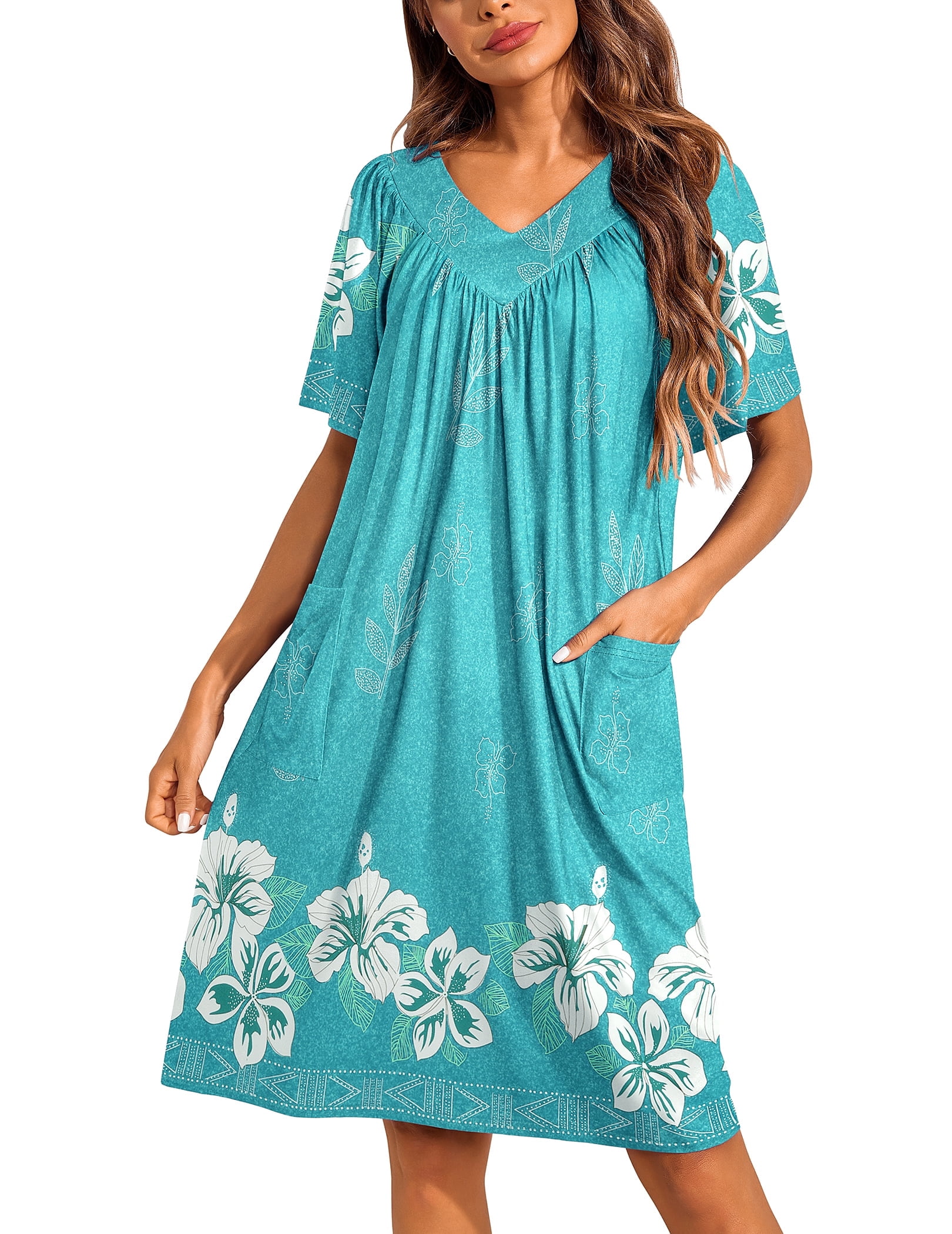 Oudiya Womens Mumus House Dress Floral Print Short Sleeve Nightgowns ...