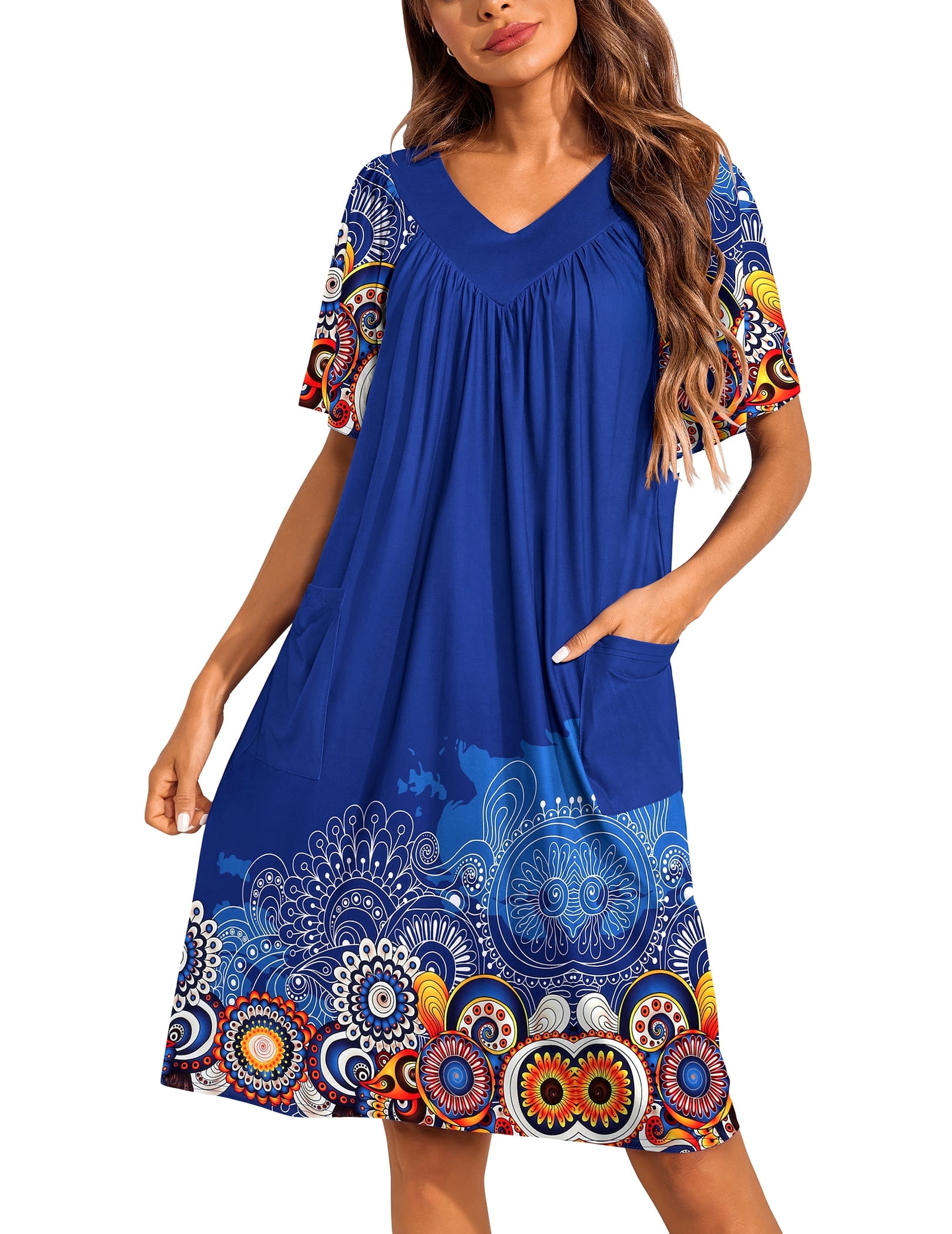 Oudiya Womens Mumus House Dress Floral Print Short Sleeve Nightgowns ...