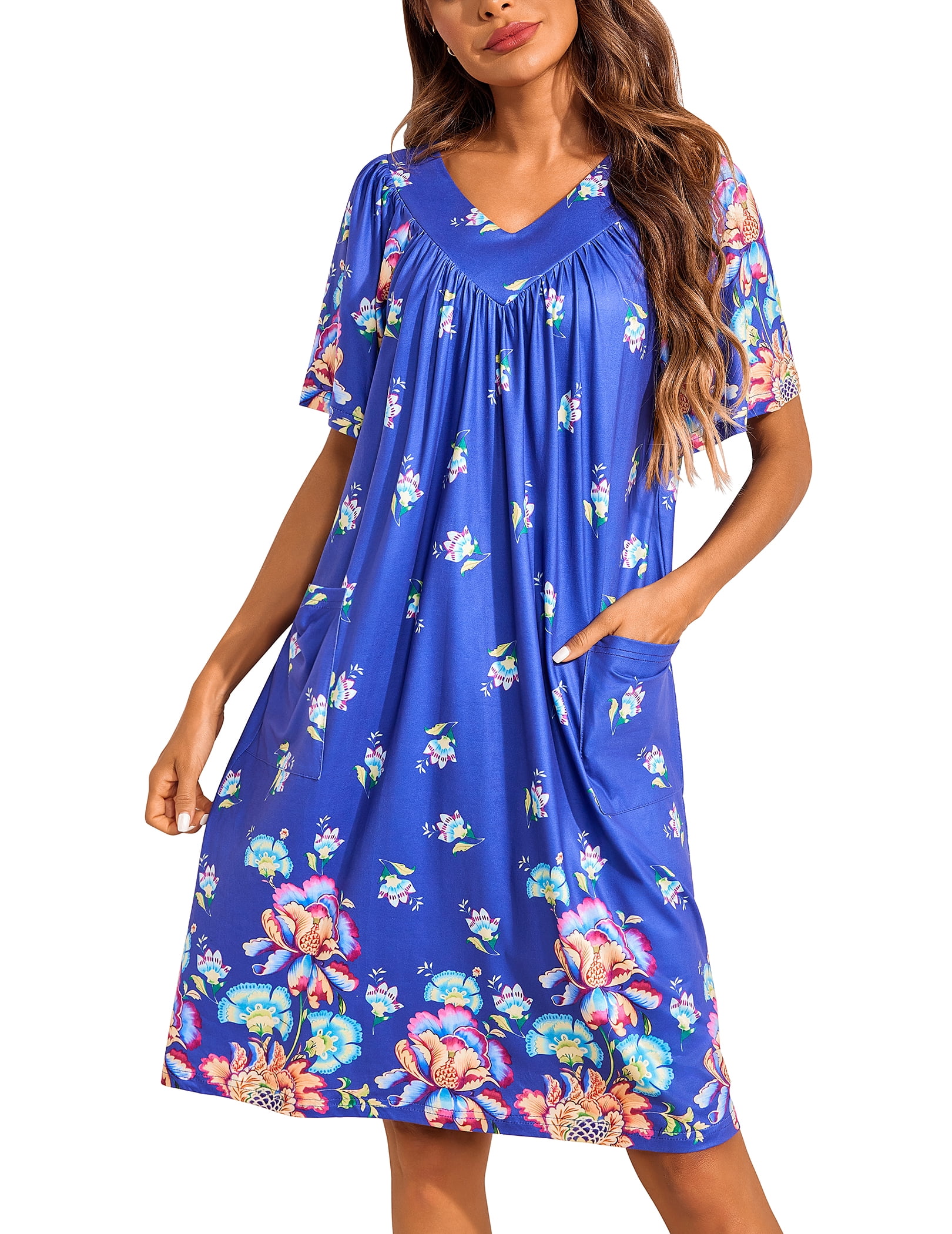 Oudiya Womens Mumus House Dress Floral Print Short Sleeve Nightgowns ...