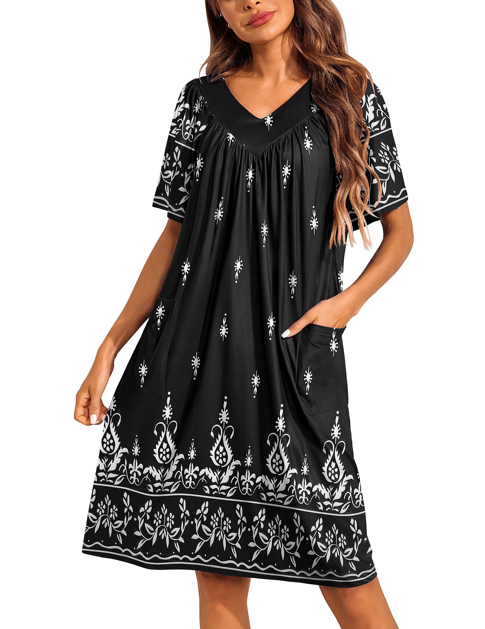Oudiya Womens Mumus House Dress Floral Print Short Sleeve Nightgowns ...