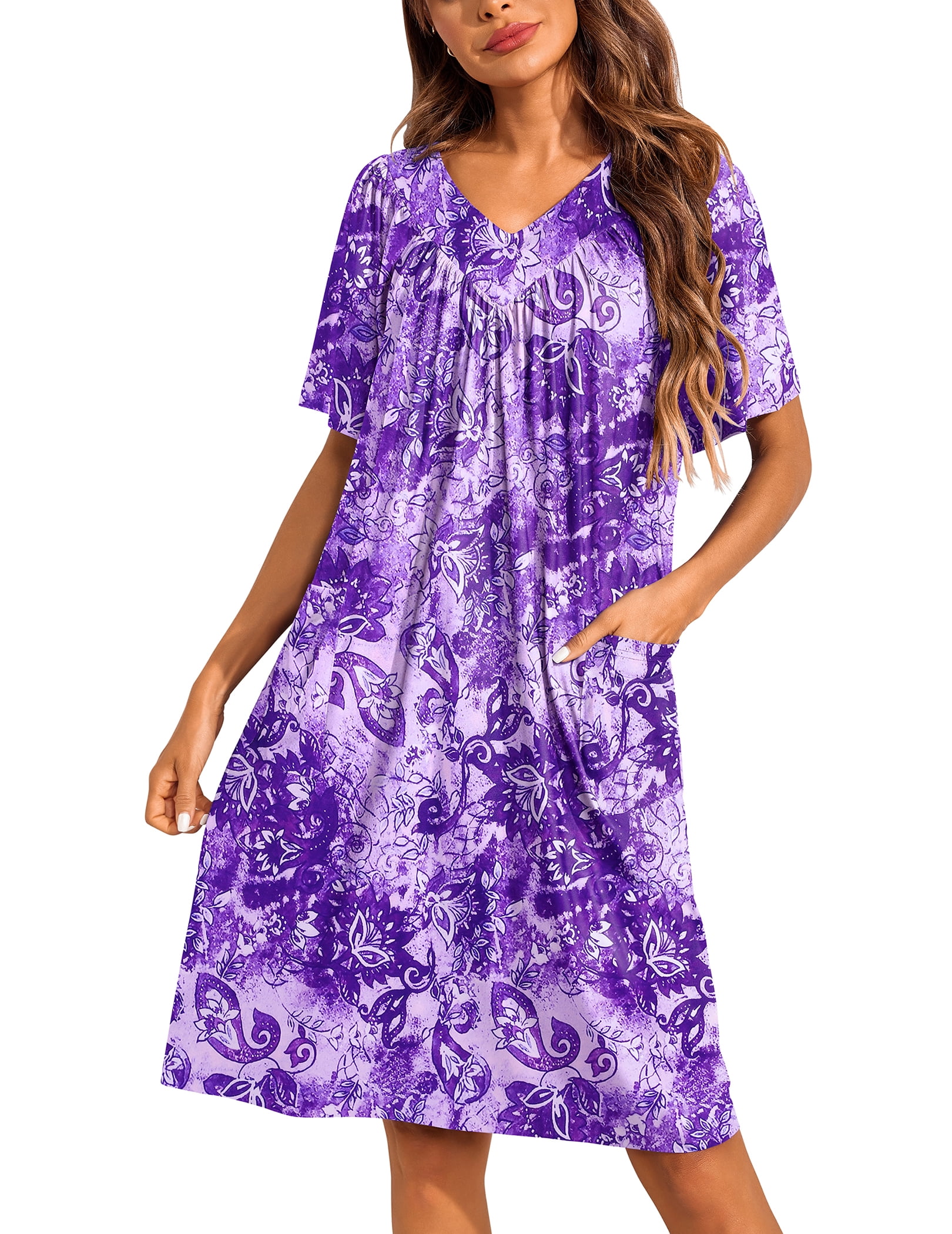 Oudiya Womens Mumus House Dress Floral Print Short Sleeve Nightgowns ...