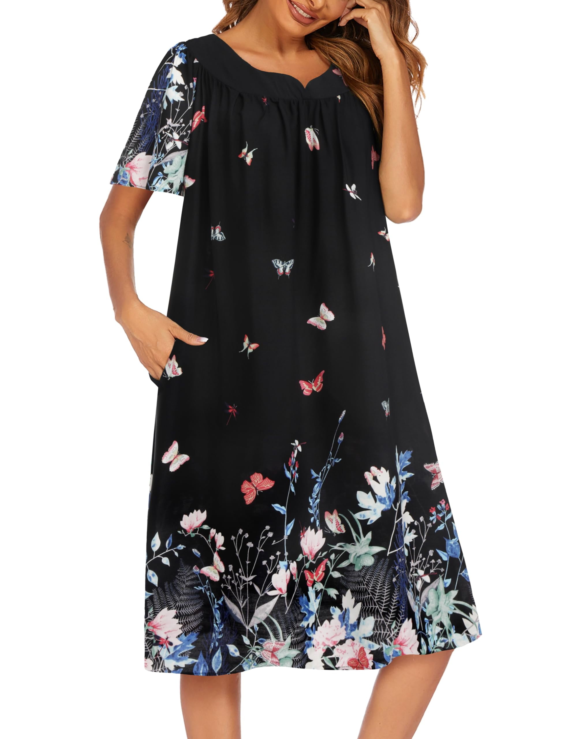 Oudiya Womens Nightgown Short Sleeve House Dress with Pockets-Floral ...