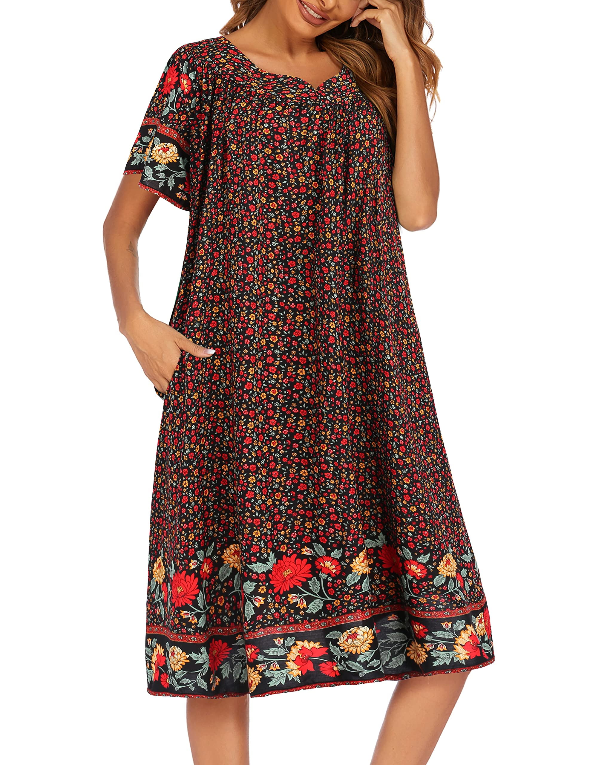 Oudiya Womens Nightgown Short Sleeve House Dress with Pockets-Floral Print Mumu Dress - Walmart.com