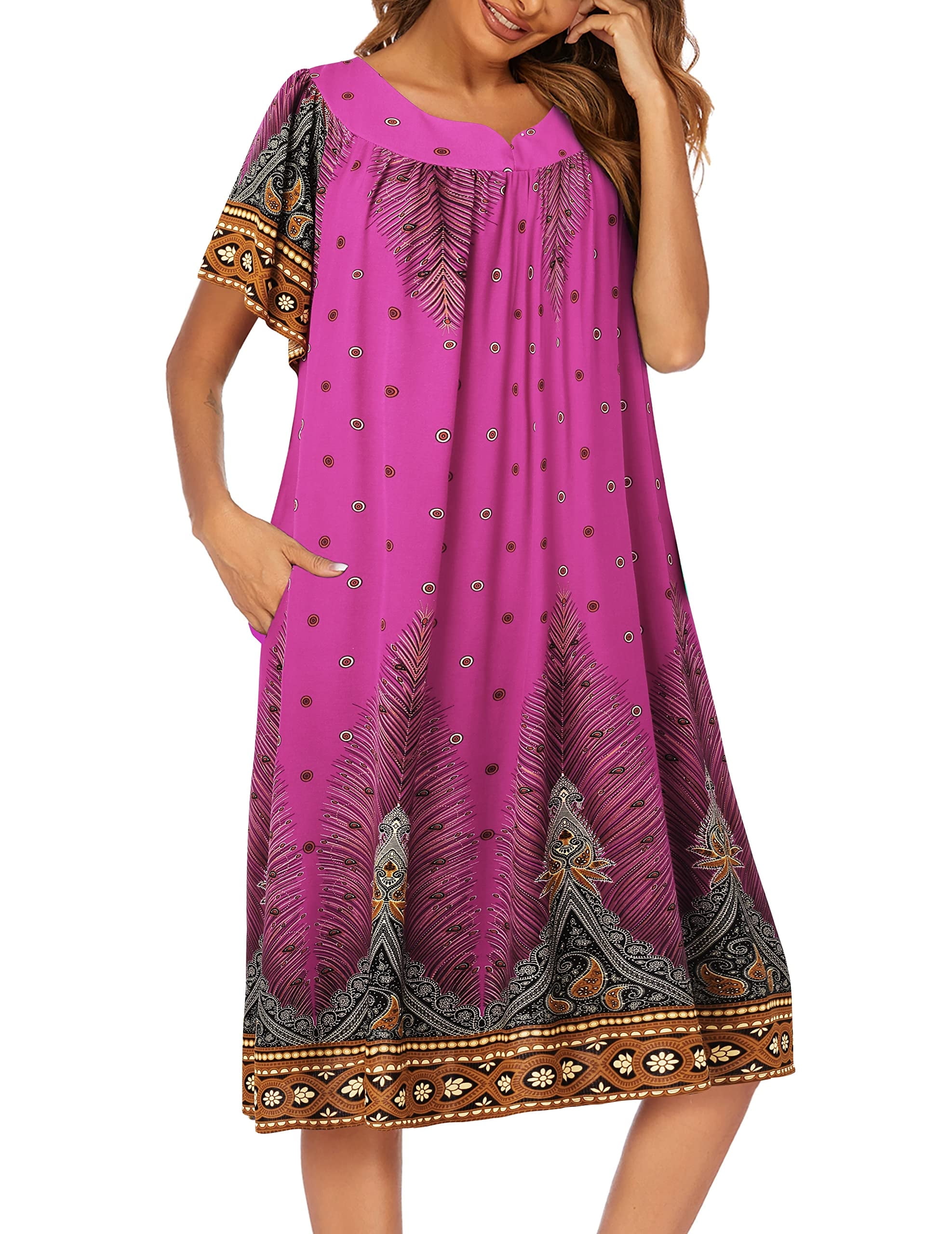 Oudiya Womens Nightgown Short Sleeve House Dress with Pockets-Floral Print Mumu Dress - Walmart.com