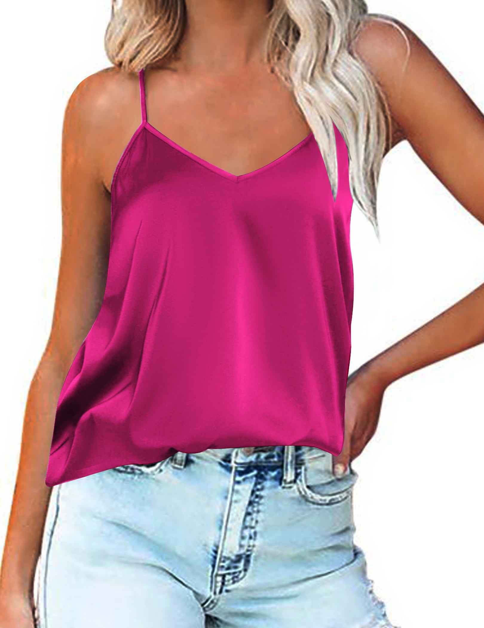 Oudiya Womens Silk Satin Tank Tops V Neck Camisole Spaghetti Strap Top Summer Basic Blouse ...