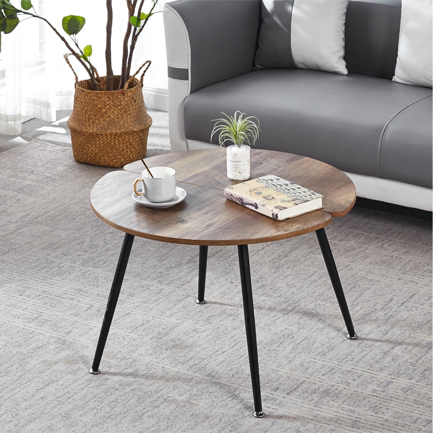 Oufan 27.55-Inch Industrial Round Coffee Table with 4-Base Metal Legs ...