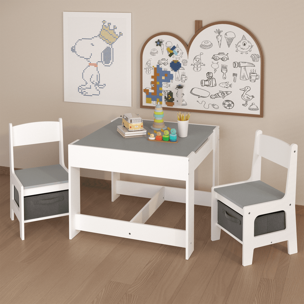 Oufan 3 Piece Kiddy Table and Chair Set , 3 in 1 Wooden Activity Table ...