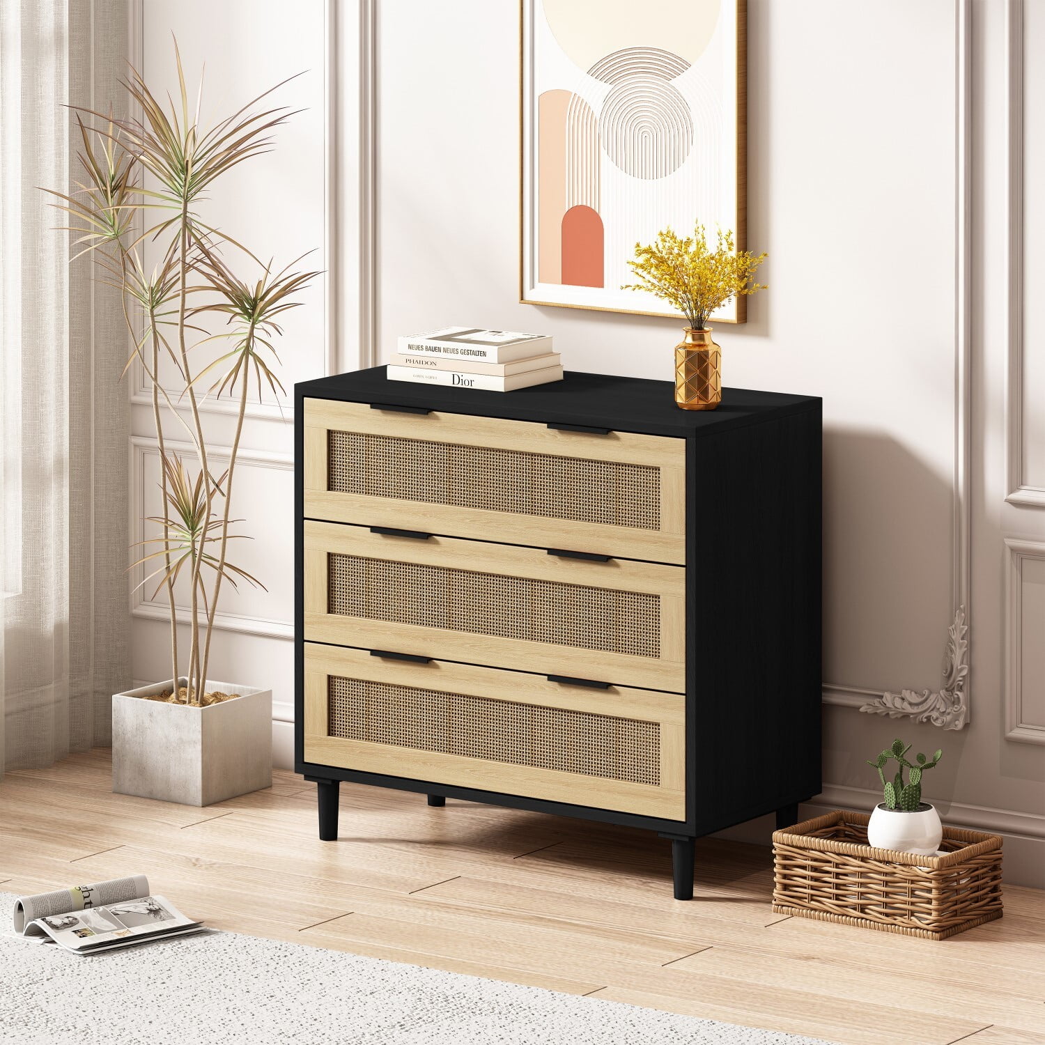Oufan 31.50" Rattan Storage Cabinet with 3 Drawers, Freestanding Floor ...