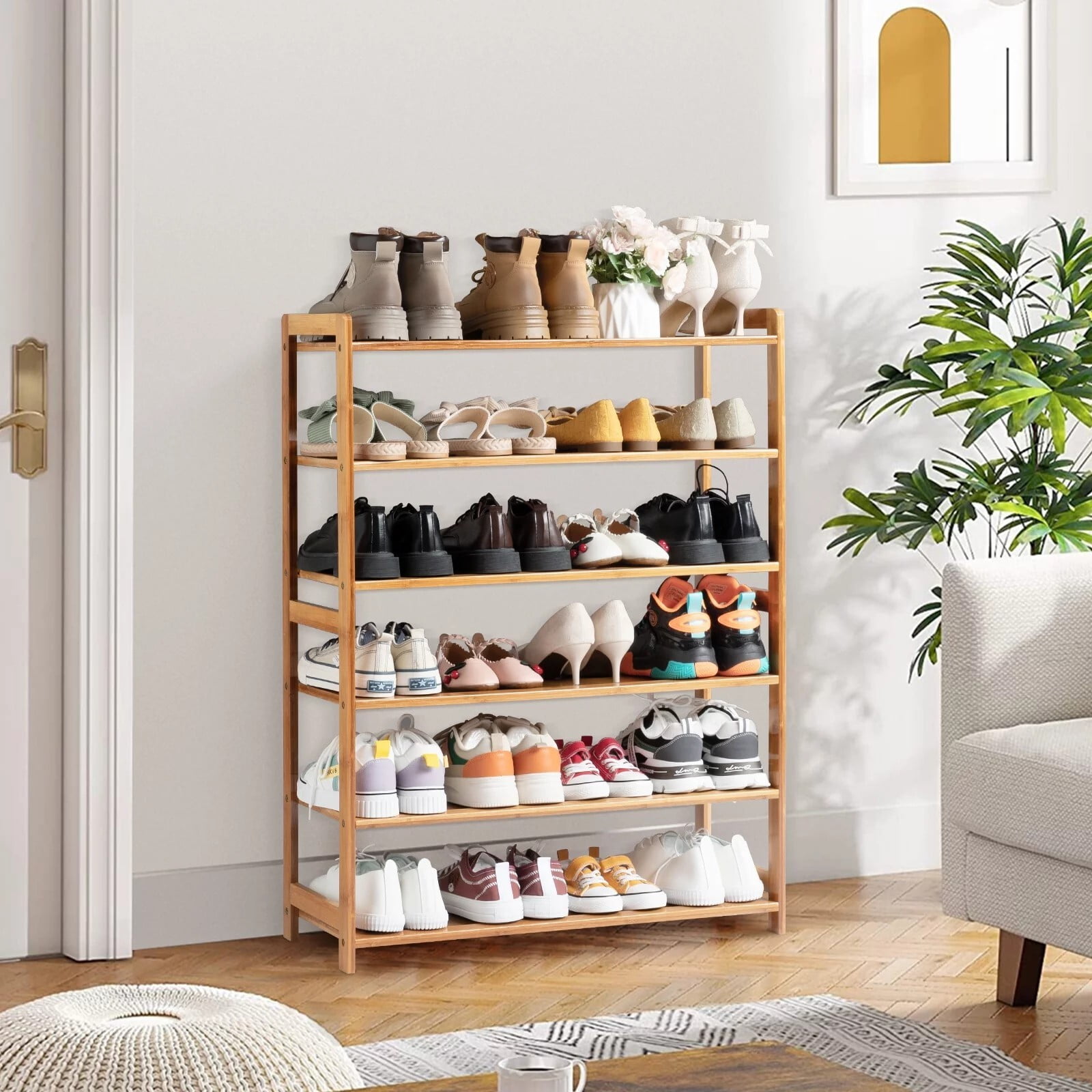 Oufan 6 Tiers Bamboo Shoe Rack Stackable Shoe Shelf Storage Organizer ...