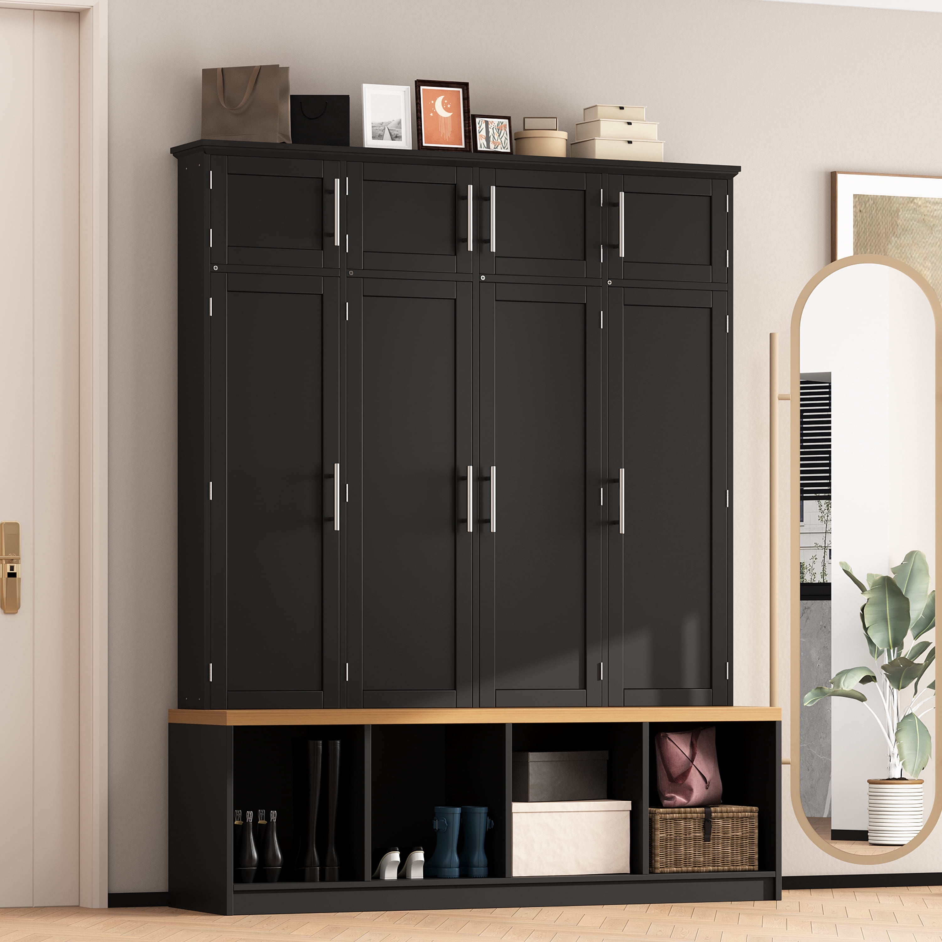 Oufan 75" Tall Hall Tree with Bench, Wooden Coat Rack with 4 Hooks ...