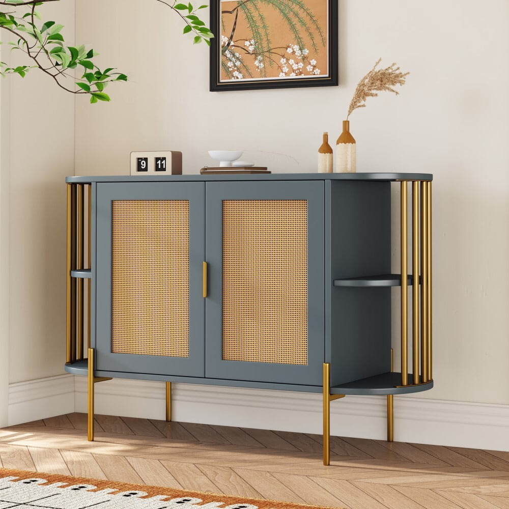 Oufan Elegant 2-Door Curved Dining Cabinet with Gold Trim and Woven ...