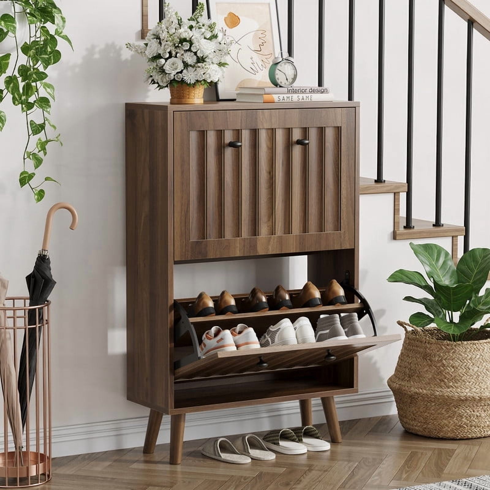 Oufan Fluted Shoe Cabinet Storage, Modern Freestanding Shoe Organizer ...