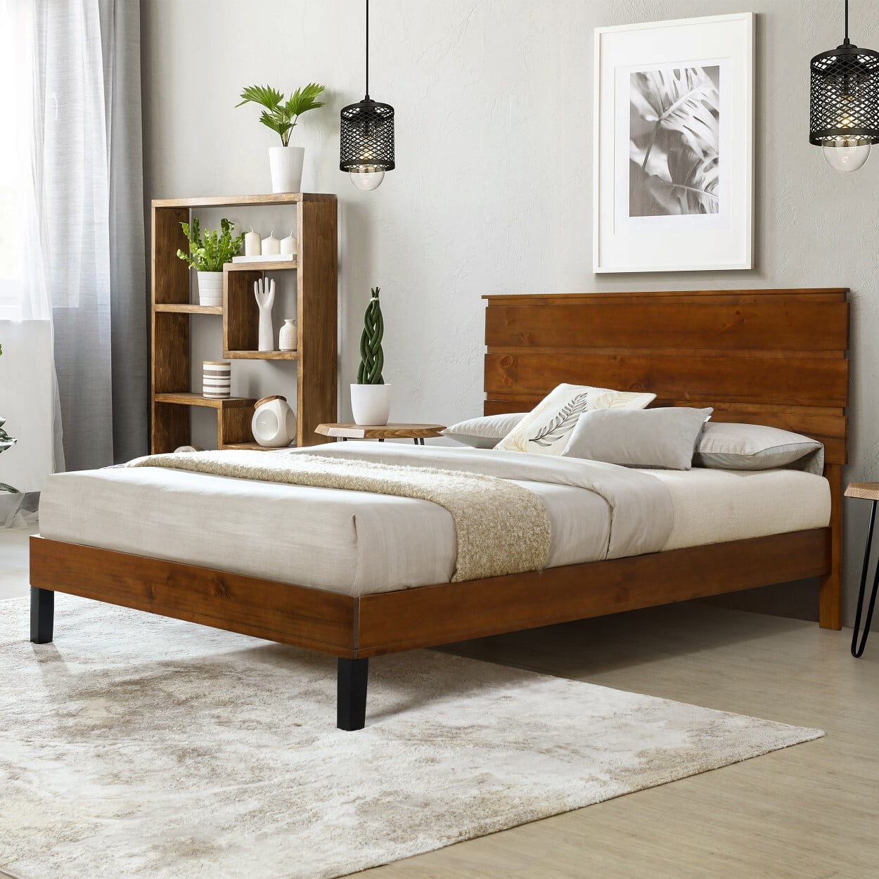 Oufan Full Size Pine Platform Bed, Mid-Century Modern Bed Frame with Three-Piece Headboard ...