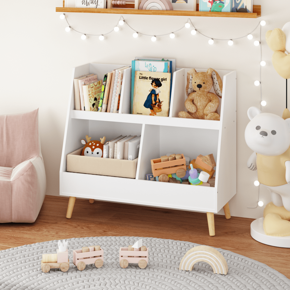 Oufan Kids Bookshelf and Toy Organizer, 5 Cubbies Wooden Open Bookcase ...