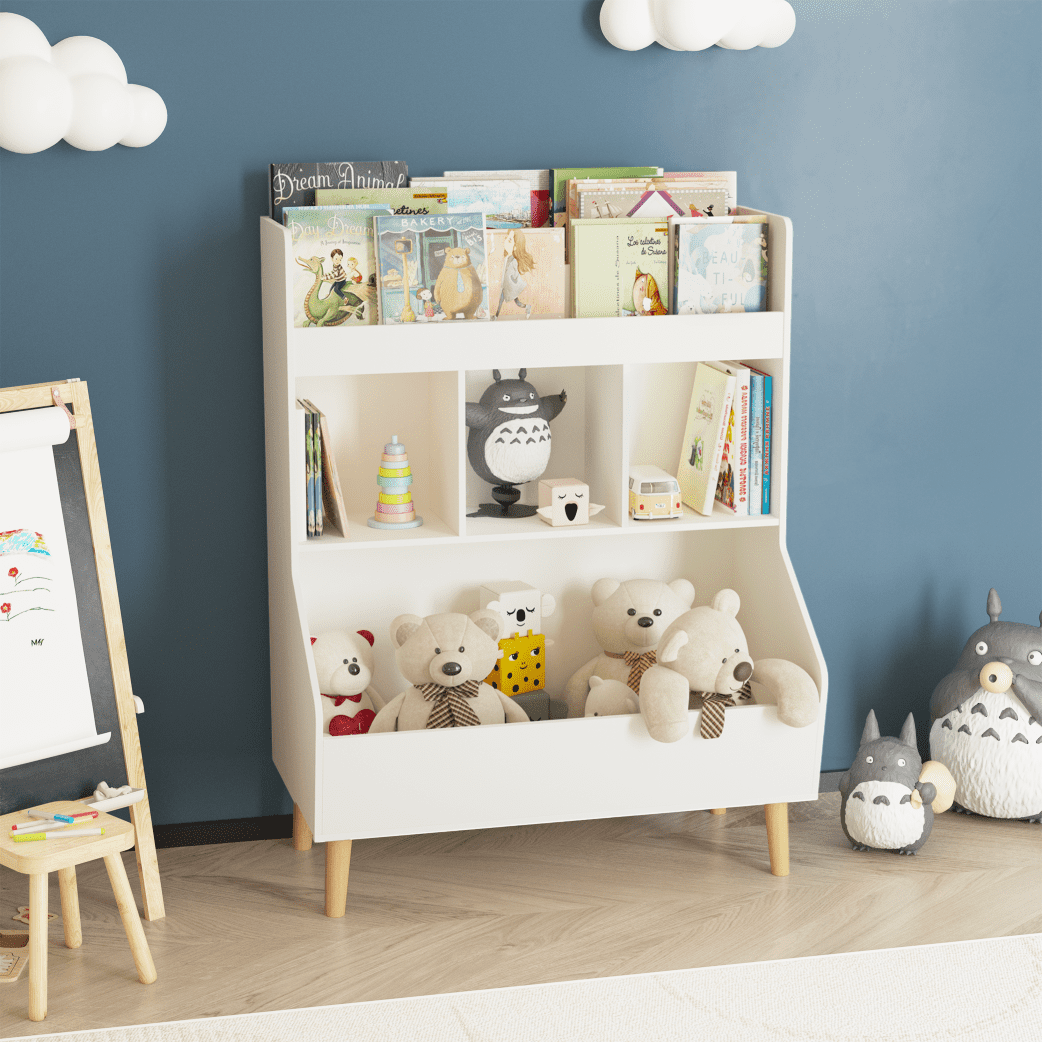 Oufan Kids Bookshelf and Toy Storage, 3-Tier Wooden Open Bookcase with ...