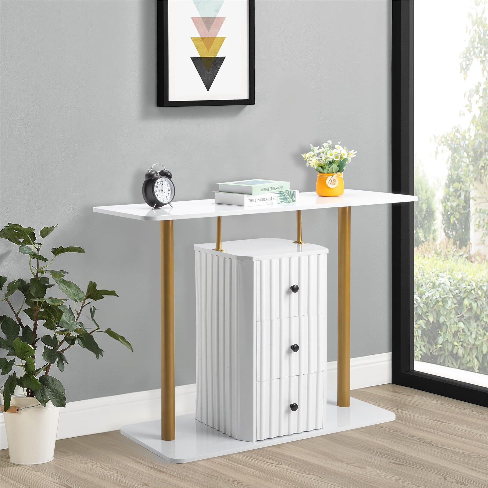 Oufan Modern Console Table with 3 Drawers, Faux Marble Veneer Entryway Table, Metal Frame Narrow ...