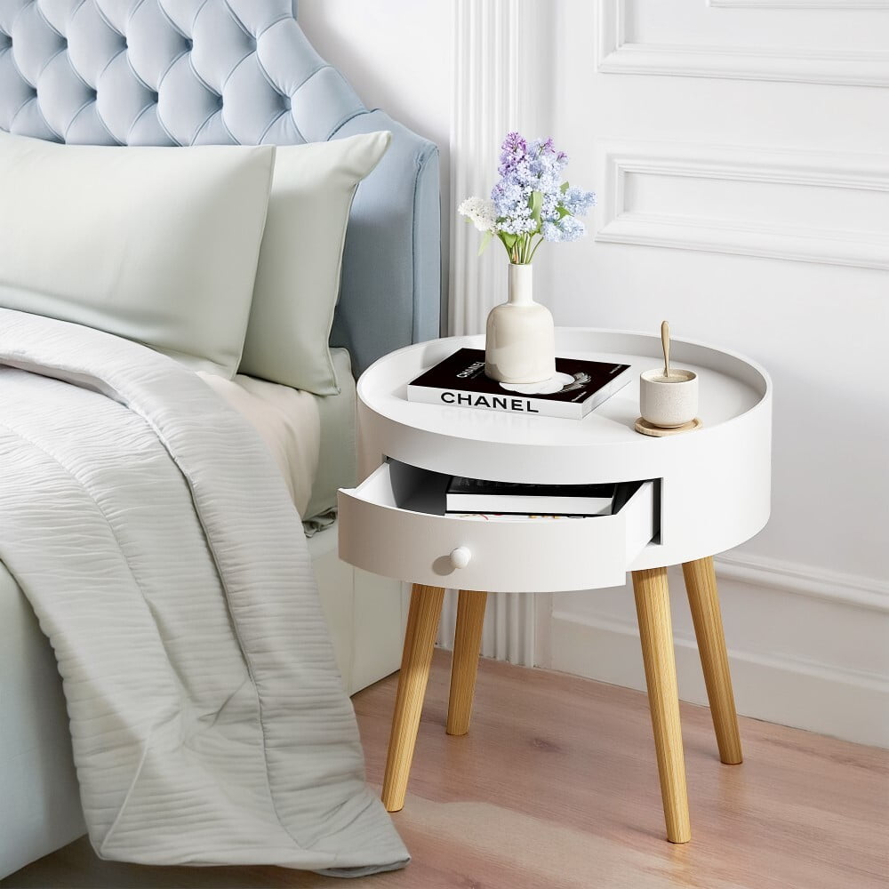 Oufan Modern Round Bedside Table with Storage Drawer and Solid Wood ...