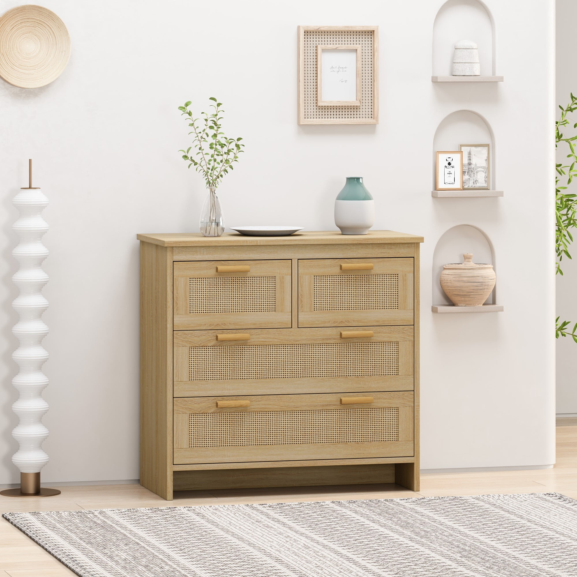 Oufan Rattan Storage Cabinet with 4 Drawers, Freestanding Floor Storage ...