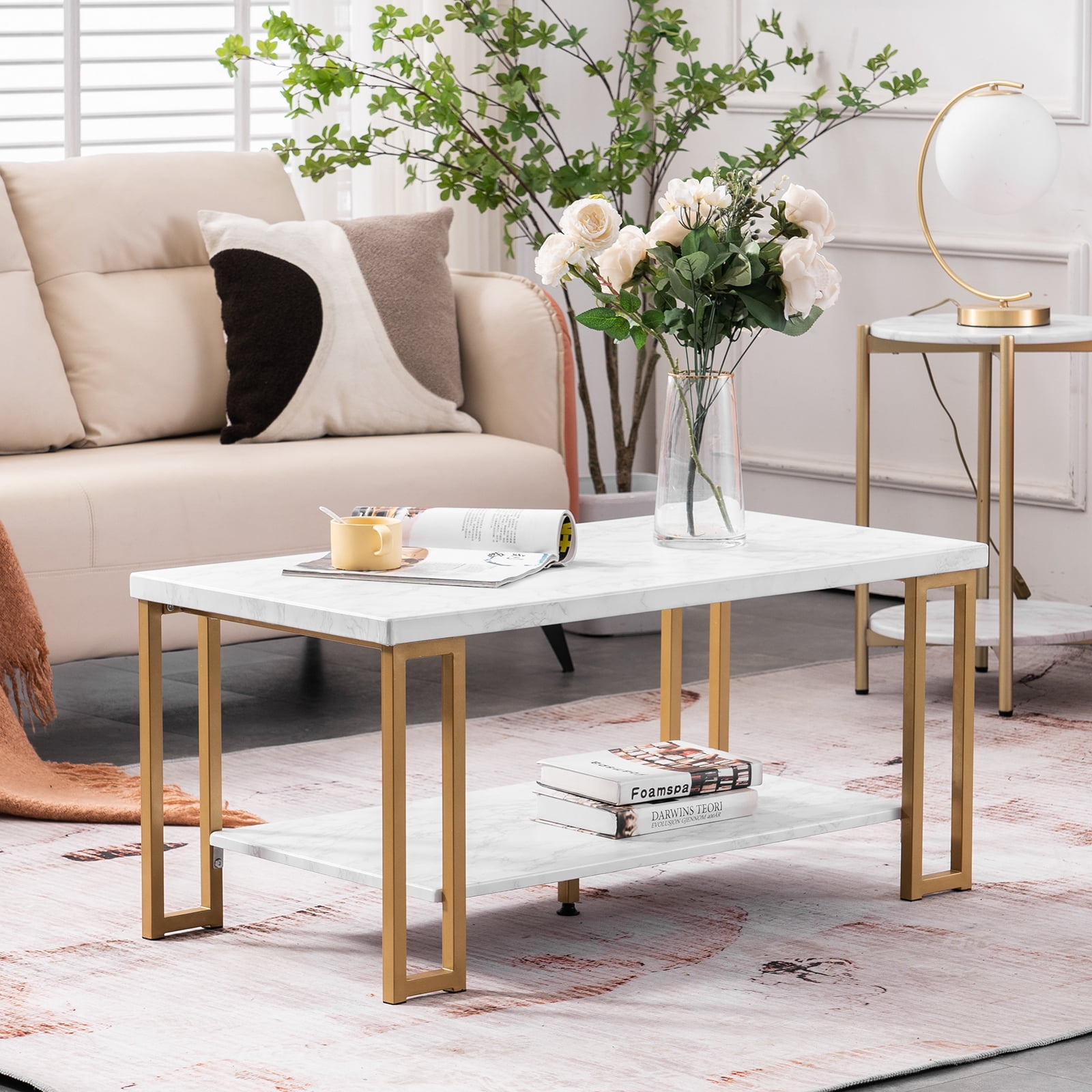 Oufan Simple Double-layer Golden Iron Pipe Marble PVC Coffee Table ...