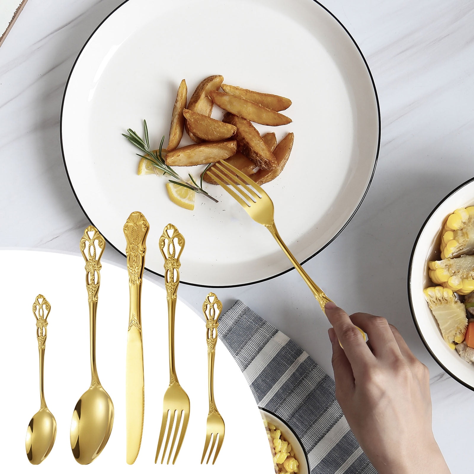 OugPiStiyk 5-Piece Luxurious Stainless Steel Cutlery Set, Gold Flatware ...