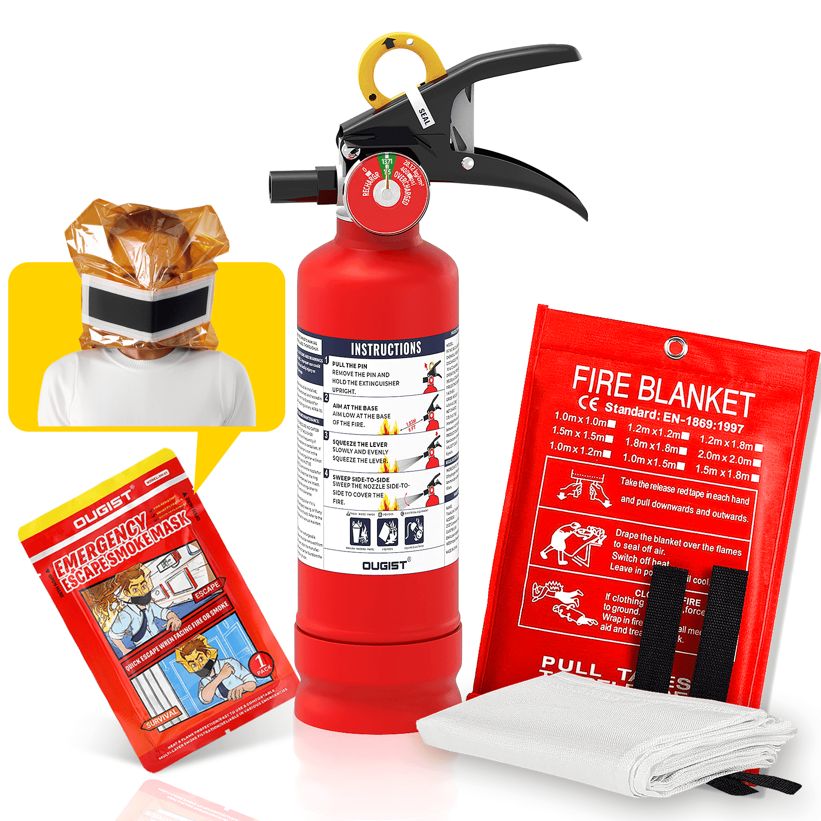 Ougist 3-in-1 Fire Safety Kit, 2.5 lb ABC Fire Extinguisher (1A:10B:C ...