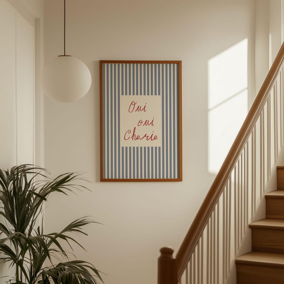 Oui Oui Cherie Art Poster, Light Blue Stripes And Red Vintage Art Decor ...